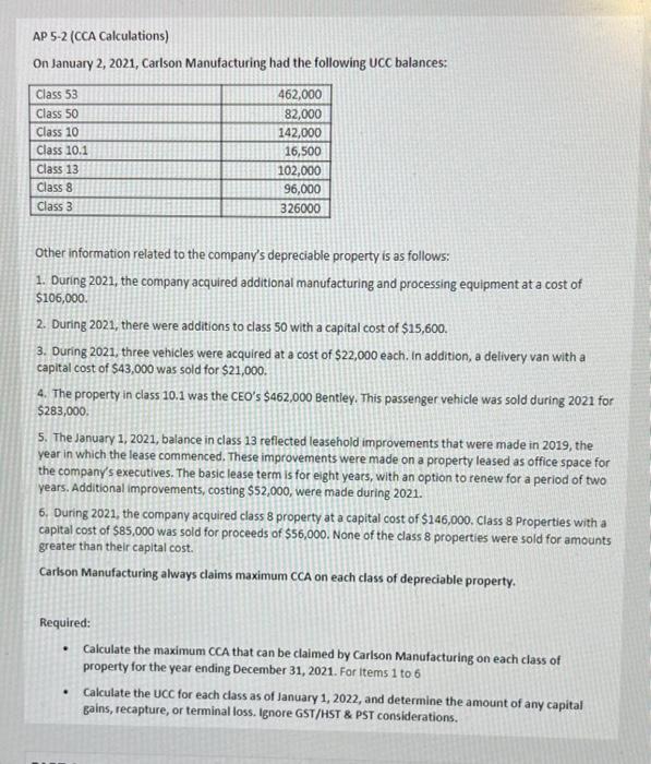 Solved AP 5-2 (CCA Calculations) On January 2, 2021, Carlson | Chegg.com
