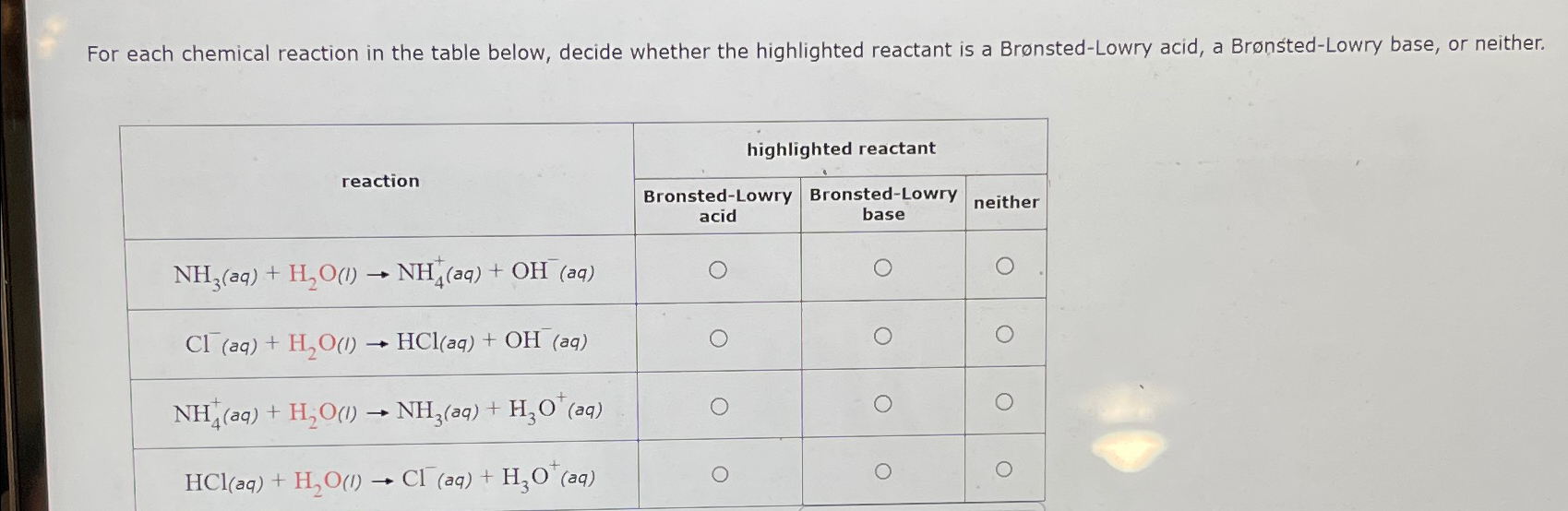 Solved For each chemical reaction in the table below, decide | Chegg.com