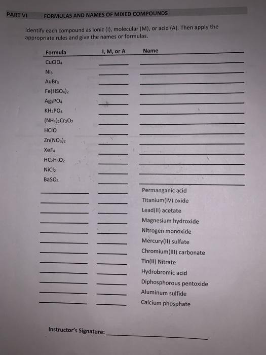 Solved PART VI FORMULAS AND NAMES OF MIXED COMPOUNDS | Chegg.com