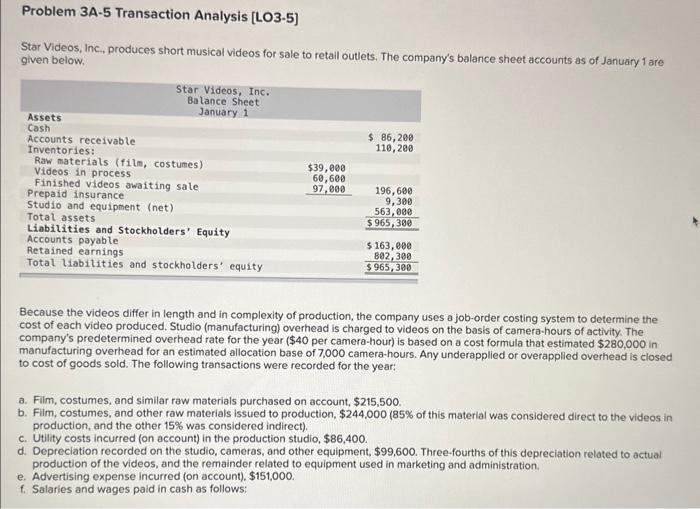 Solved Problem 3A-5 Transaction Analysis [LO3-5] Star | Chegg.com
