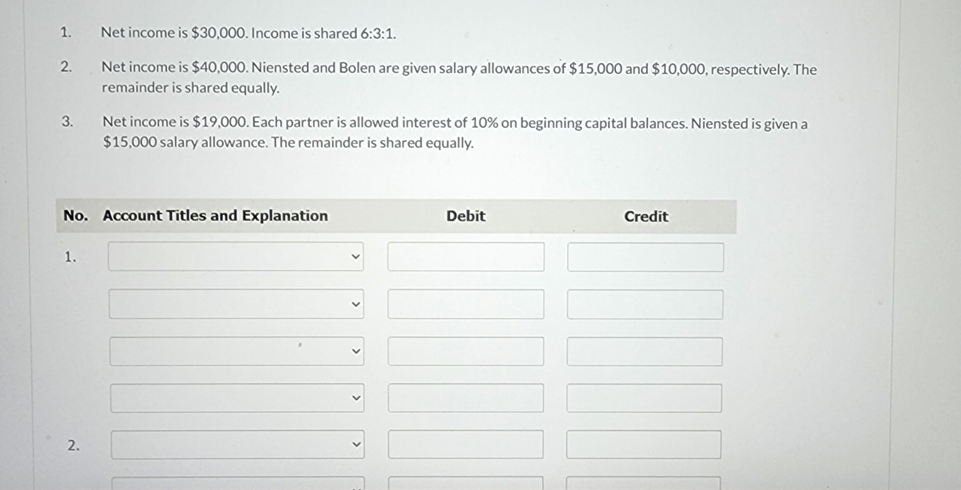 Solved Net income is $30,000. ﻿Income is shared 6:3:1.Net | Chegg.com