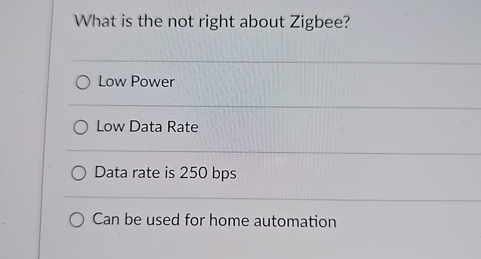 Solved What is the not right about Zigbee?Low PowerLow Data | Chegg.com