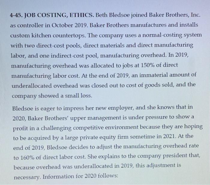 Solved 4-45. JOB COSTING, ETHICS. Beth Bledsoe joined Baker | Chegg.com