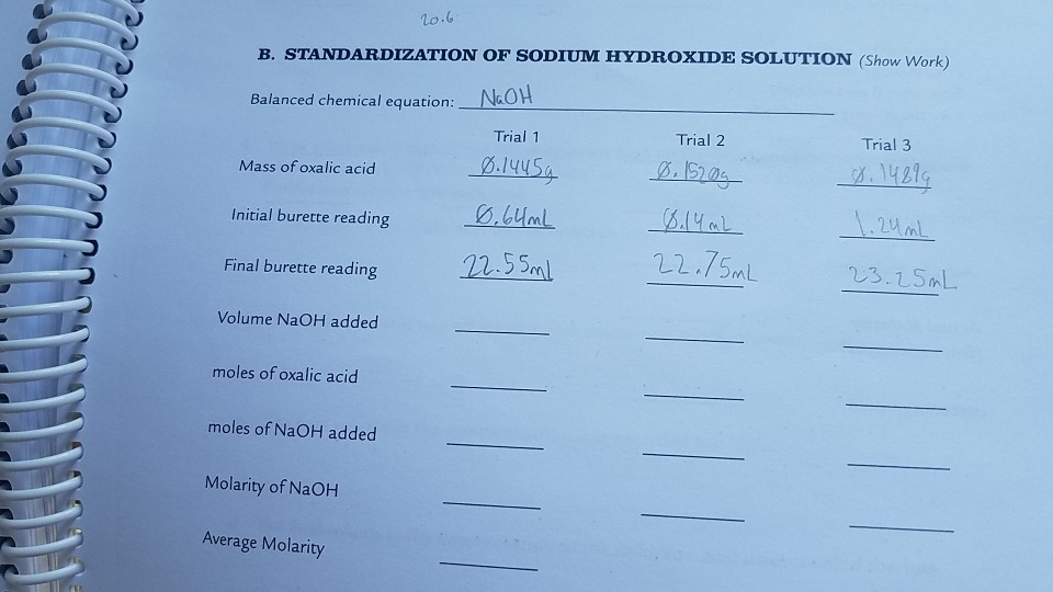 Solved 20.6 B. STANDARDIZATION OF SODIUM HYDROXIDE SOLUTION | Chegg.com