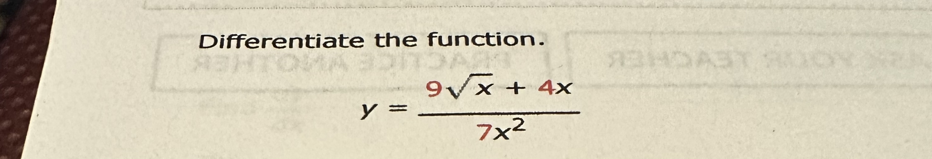 Solved Differentiate the function.y=9x2+4x7x2 | Chegg.com