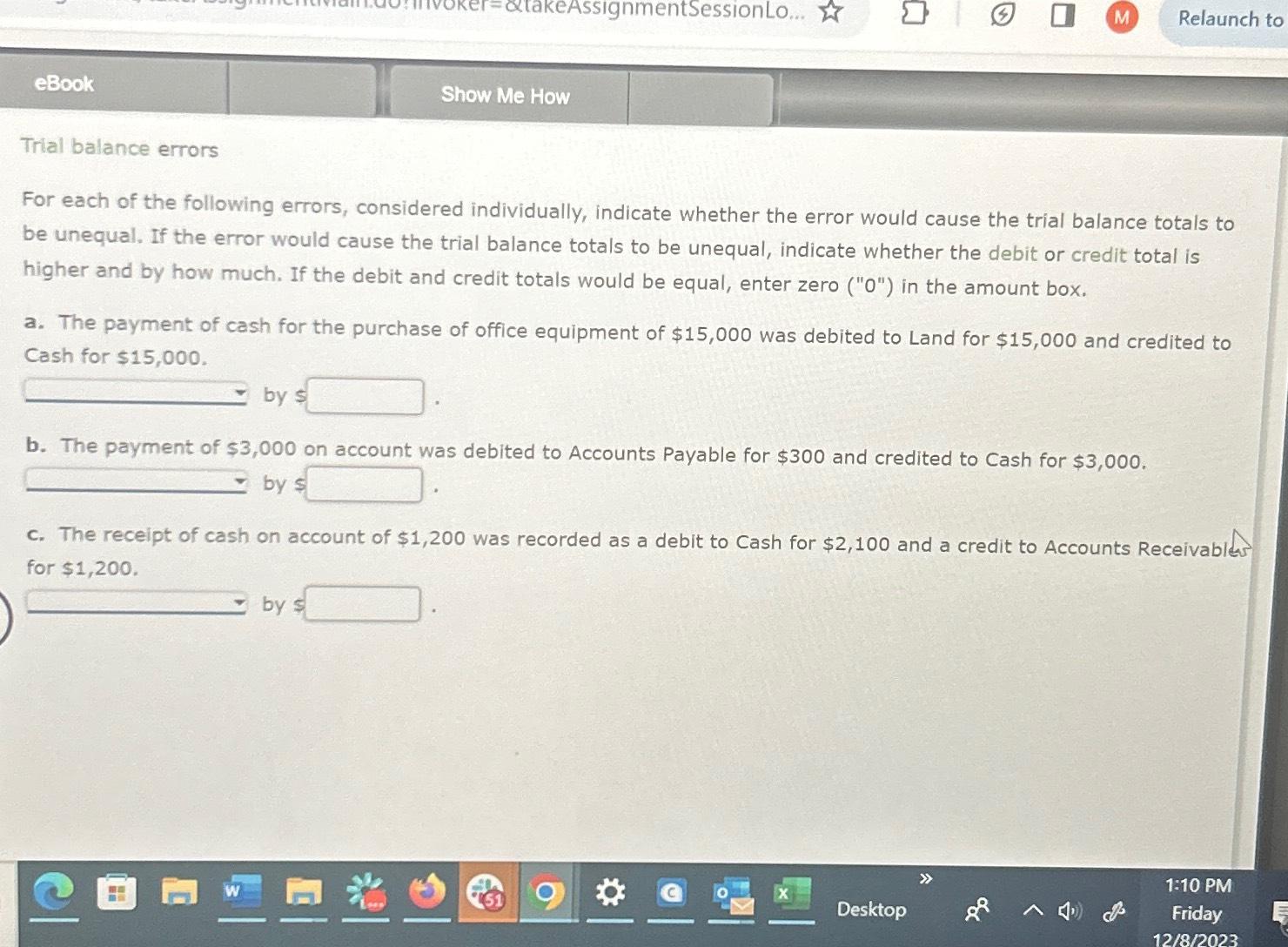 Solved \table[[eBook,Show Me How]]Trial balance errorsFor | Chegg.com