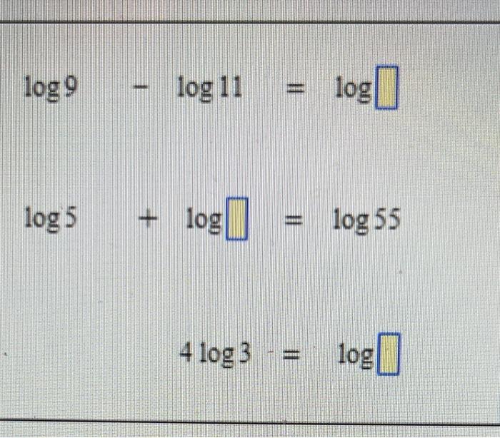 Solved log 9 log 11 = log log 5 + log log| log 55 4 log 3 - | Chegg.com