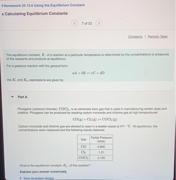 Solved ± Calculating Equilibrium Constants 7 of 22 The | Chegg.com