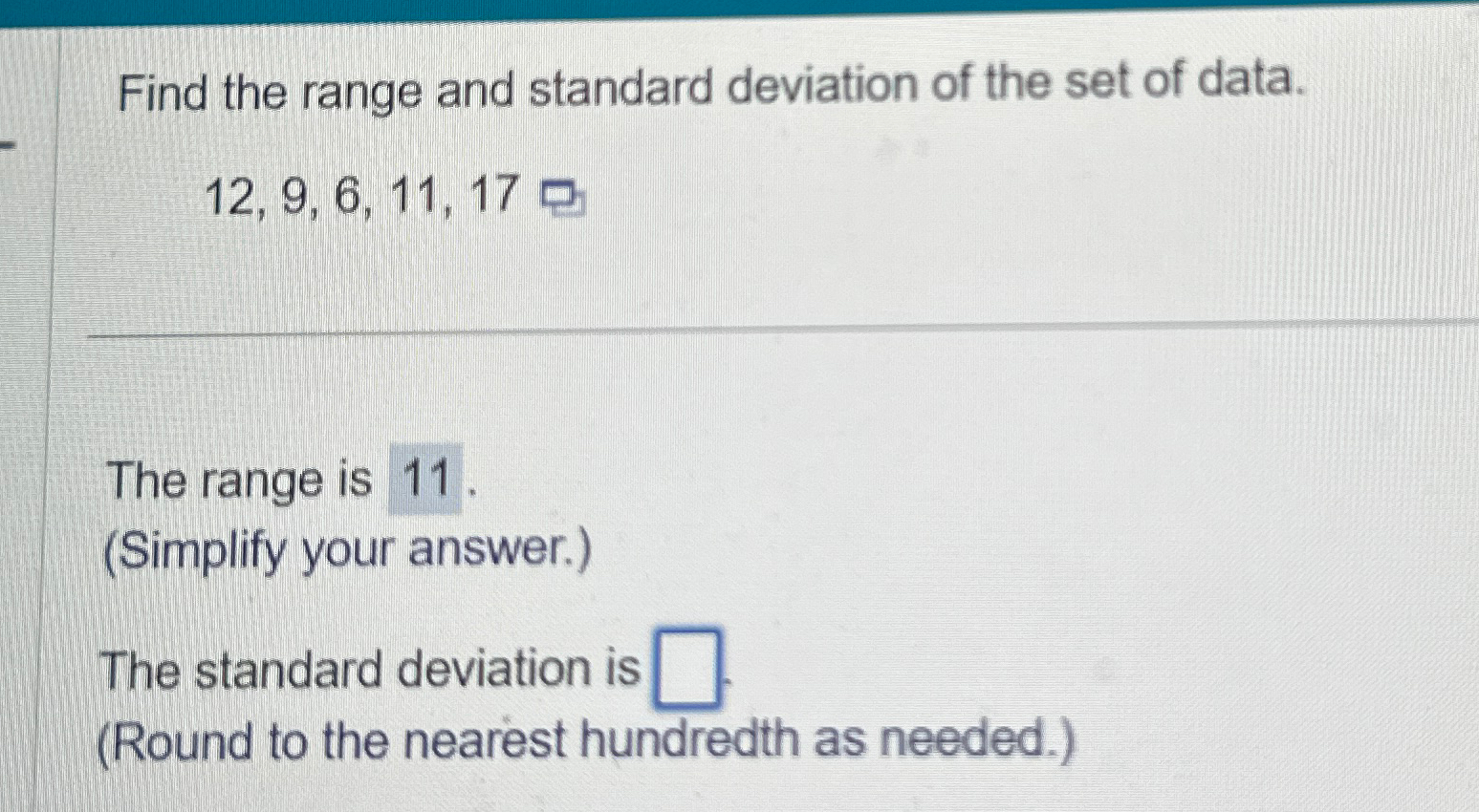 Solved Find the range and standard deviation of the set of | Chegg.com