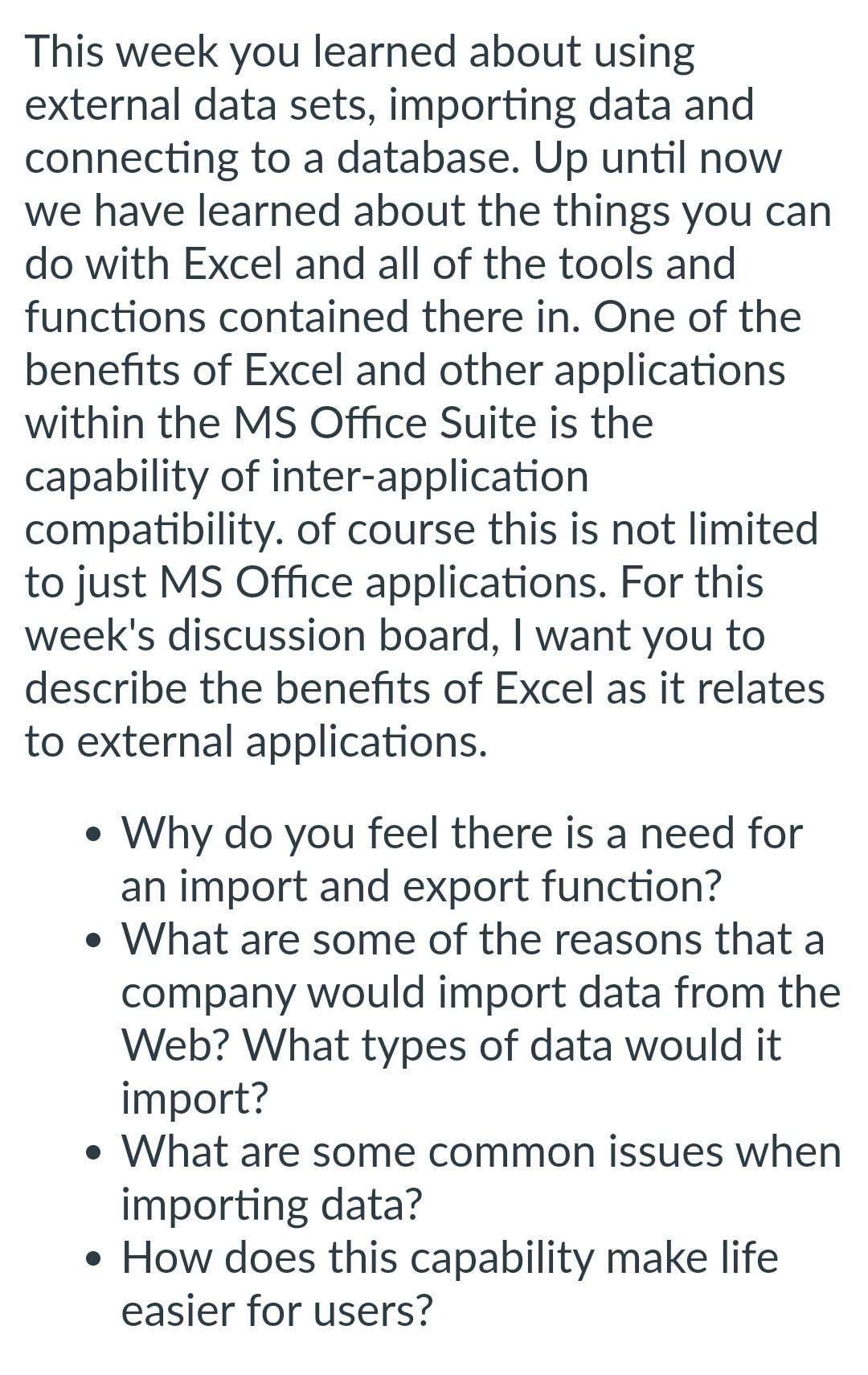 Solved This week you learned about using external data sets, | Chegg.com