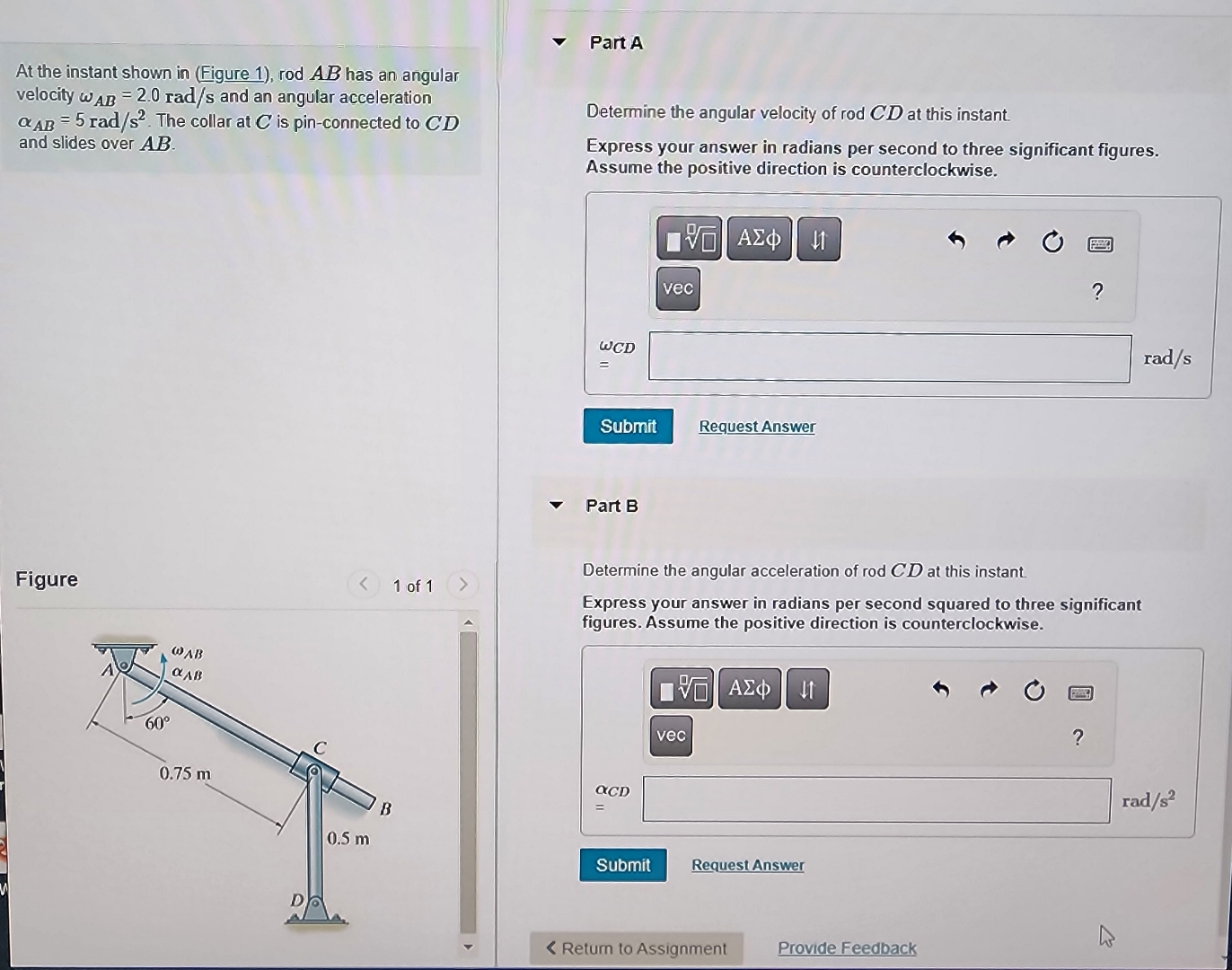 Solved At the instant shown in (Figure 1), ﻿rod AB ﻿has an | Chegg.com