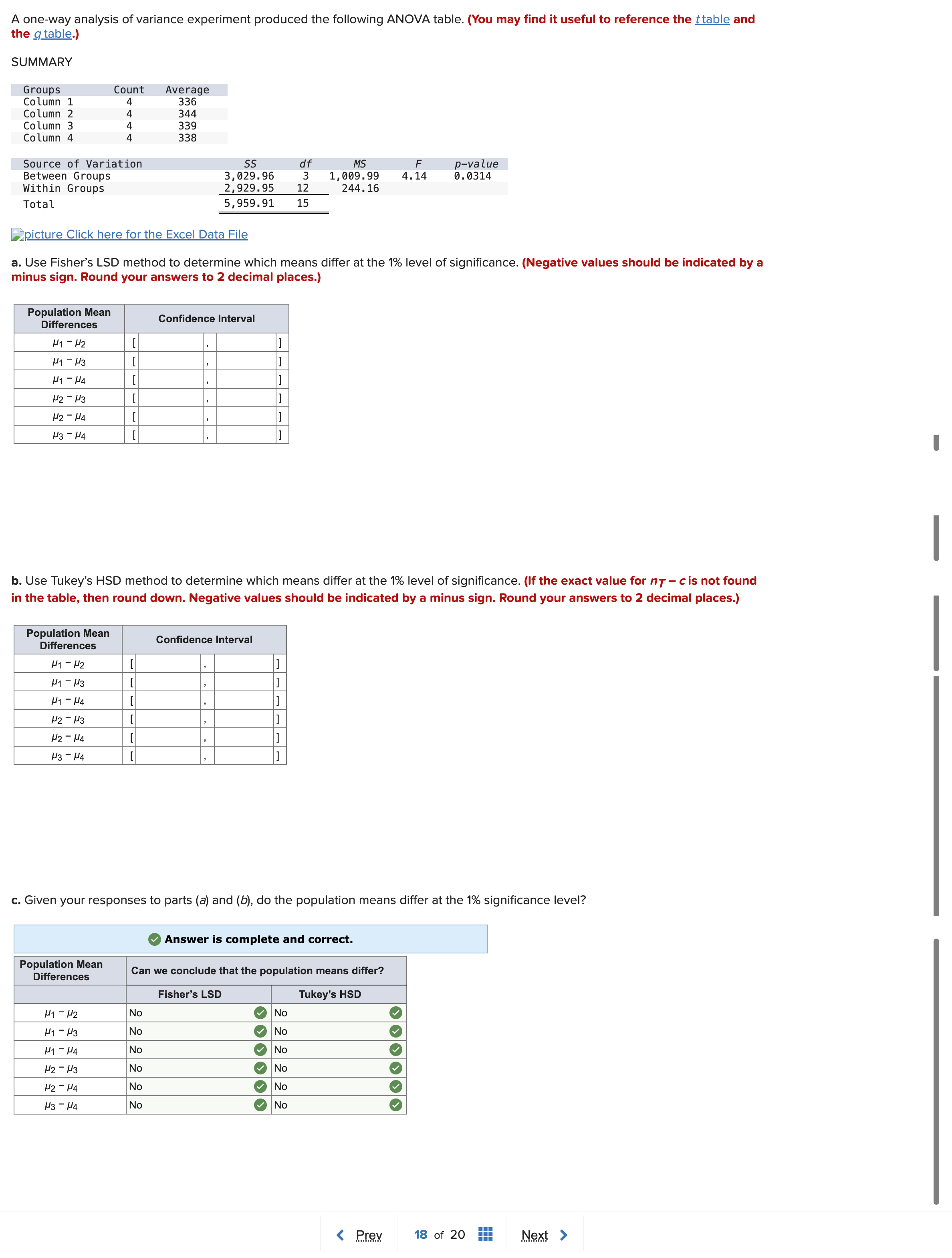 Solved A one-way analysis of variance experiment produced | Chegg.com