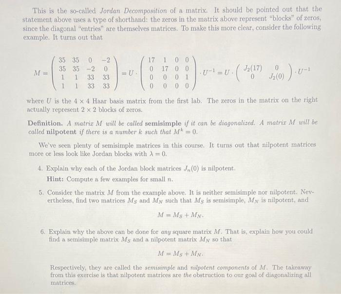 This is the so-called Jordan Decomposition of a | Chegg.com
