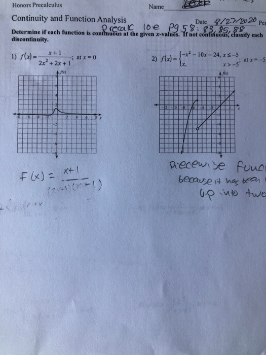 Solved 2 F X { Honors Precalculus Name Continuity And