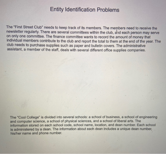 Solved Entity Identification Problems The "First Street | Chegg.com