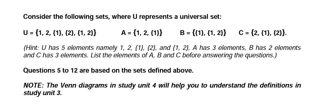 Solved Consider The Following Sets Where U Represents A