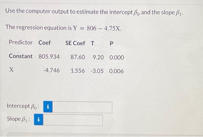 Solved Use the computer output to estimate the intercept Bo | Chegg.com