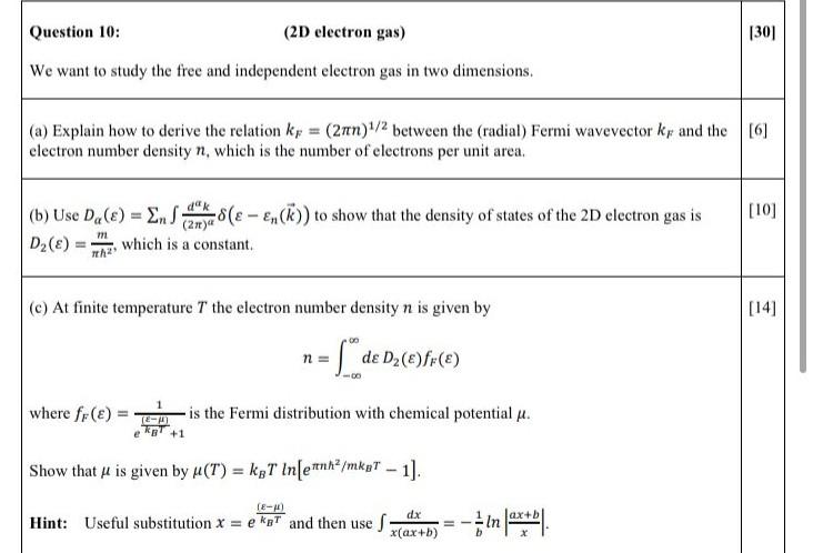 Solved Question 10: (2D electron gas) [30] We want to study | Chegg.com