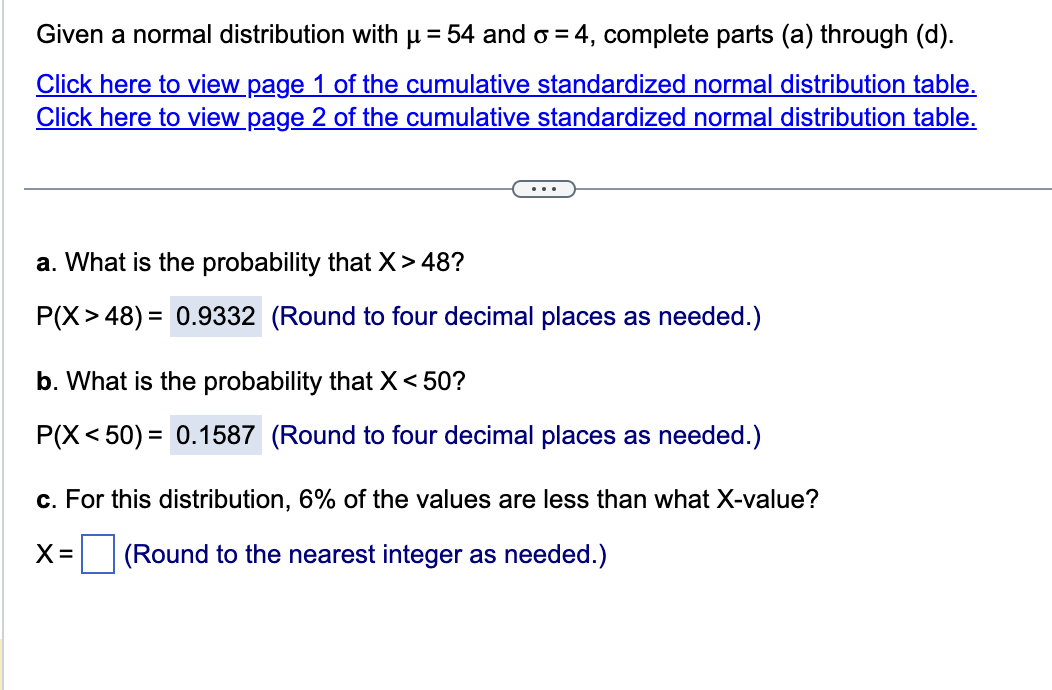 Solved Given a normal distribution with μ=54 ﻿and σ=4, | Chegg.com