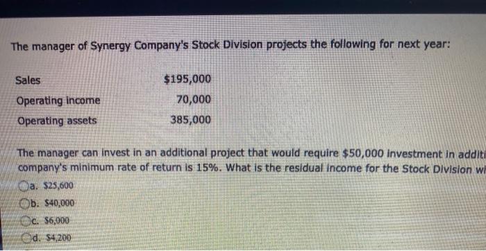 The manager of Synergy Company's Stock Division | Chegg.com