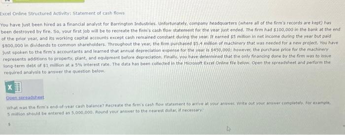 Solved Excel Online Structured Activity: Statement of cash | Chegg.com