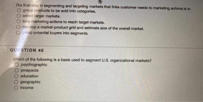 Solved The final stop in segmenting and targeting markets | Chegg.com