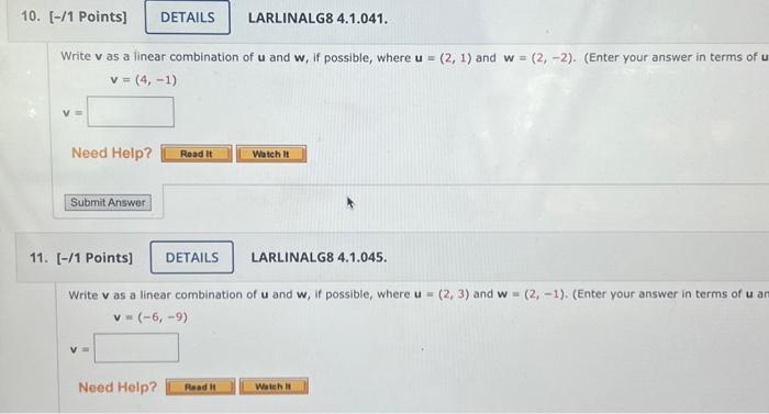 Solved Write v as a linear combination of u and w, if | Chegg.com