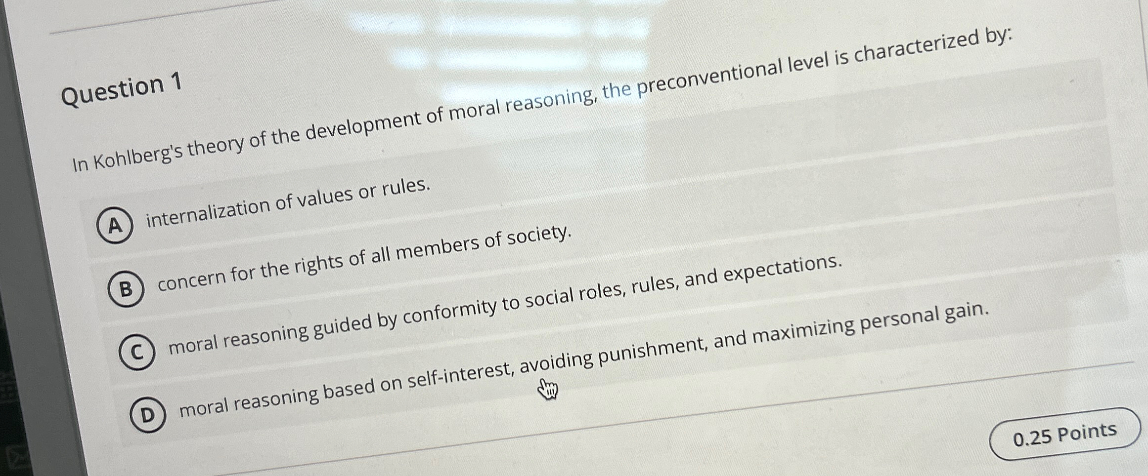 Solved Question 1In Kohlberg's theory of the development of | Chegg.com