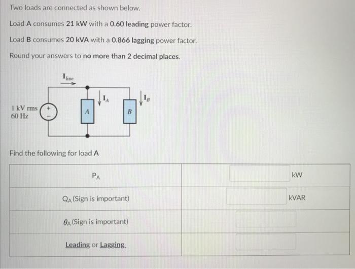 Solved Two loads are connected as shown below. Load A | Chegg.com
