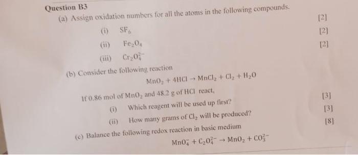Solved acstion B3 (a) Assign oxidation numbers for all the | Chegg.com
