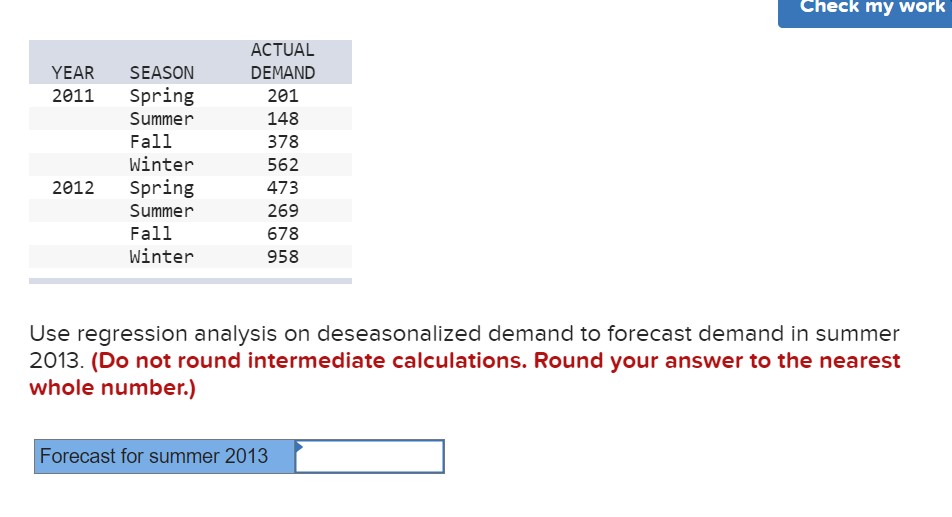 Solved Use regression analysis on deseasonalized demand to | Chegg.com