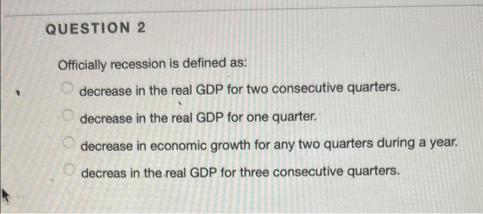 Solved QUESTION 2 Officially recession is defined as: | Chegg.com