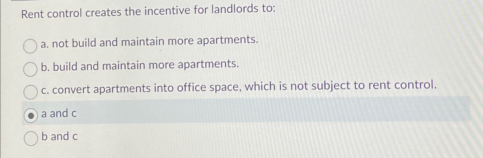 Solved Rent control creates the incentive for landlords | Chegg.com
