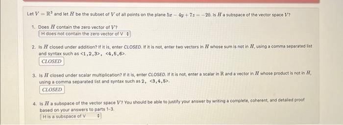 Solved Let V=R3 and let H be the subset of V of all points | Chegg.com