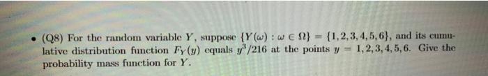 Solved (Q8) For the random variable Y, suppose | Chegg.com
