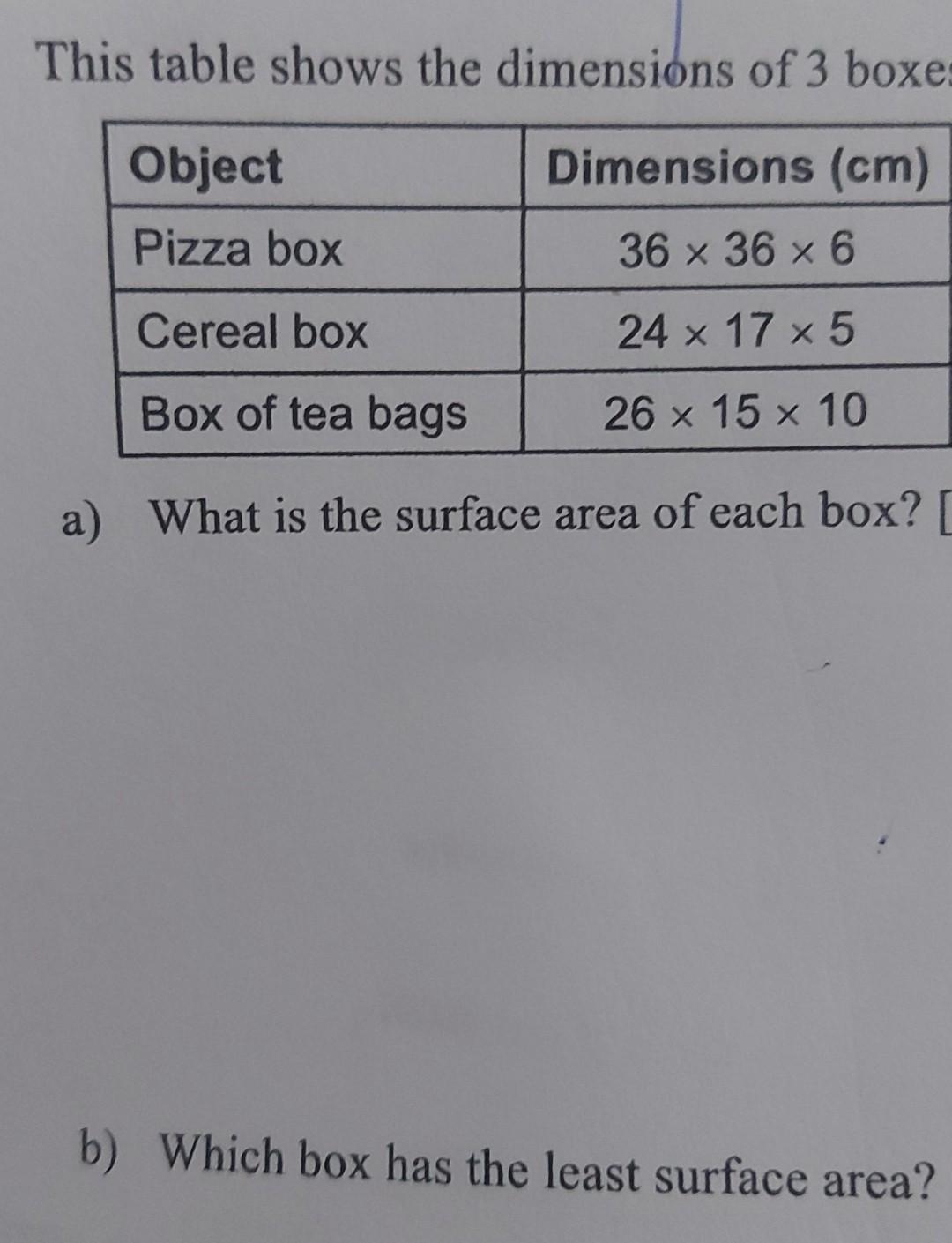 Solved This table shows the dimensions of 3 boxe a) What is | Chegg.com