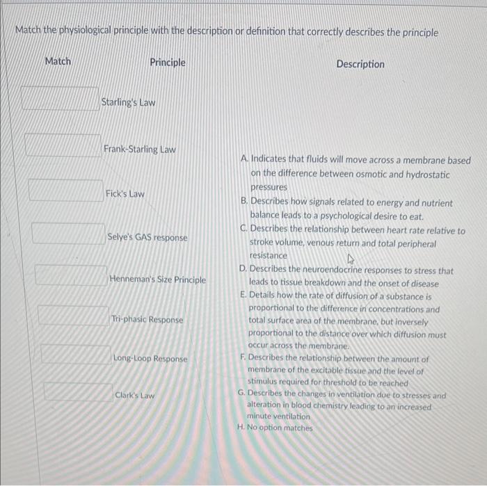 Solved Match the physiological principle with the | Chegg.com