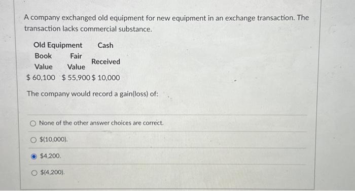 Solved A company exchanged old equipment for new equipment | Chegg.com