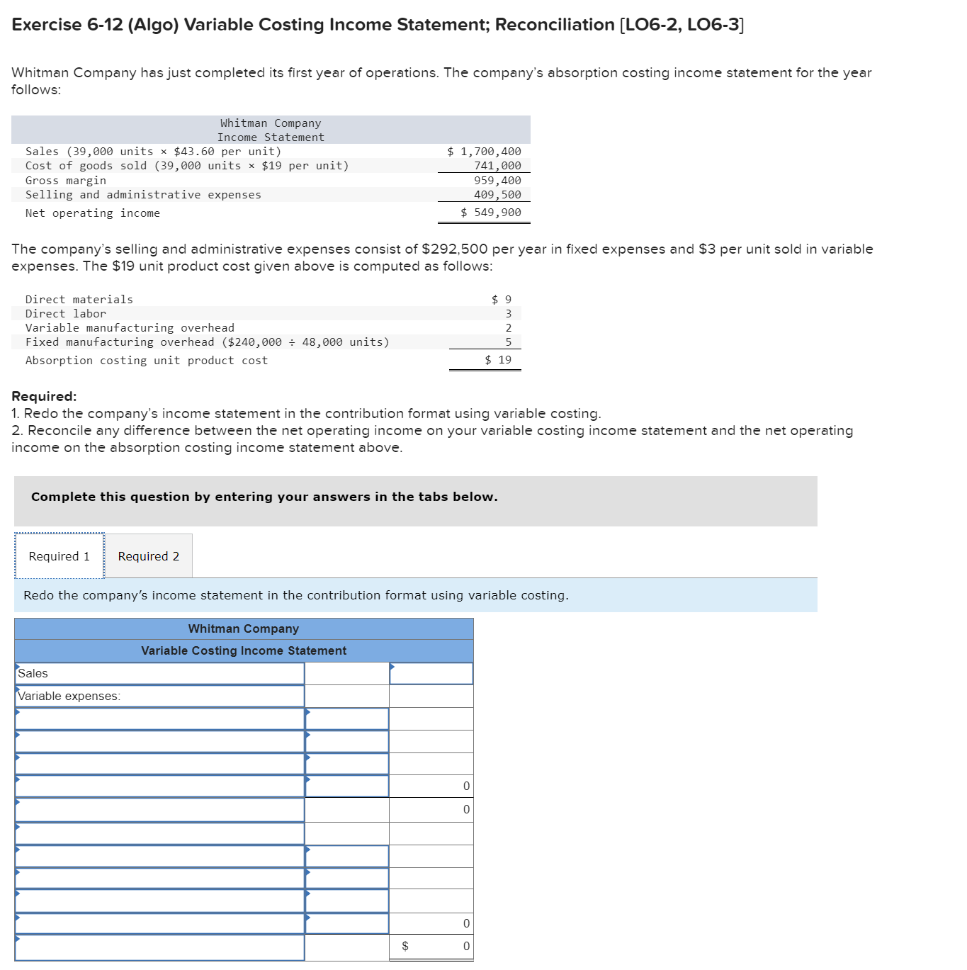 Solved Exercise 6-12 (Algo) ﻿Variable Costing Income | Chegg.com