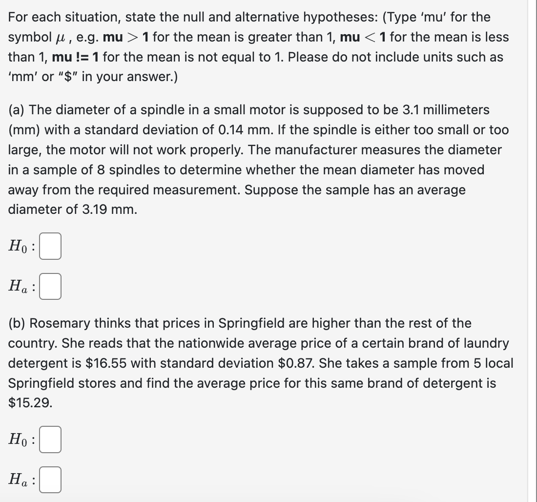Solved For each situation, state the null and alternative | Chegg.com