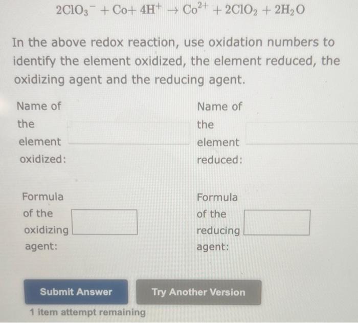 Solved In the redox reaction, use oxidation numbers to | Chegg.com