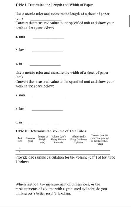 Solved Table 1. Determine the Length and Width of Paper Use | Chegg.com