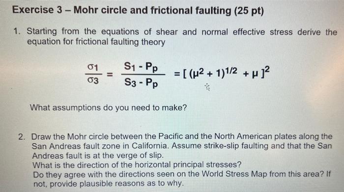 Solved Exercise 3 - Mohr circle and frictional faulting (25 | Chegg.com