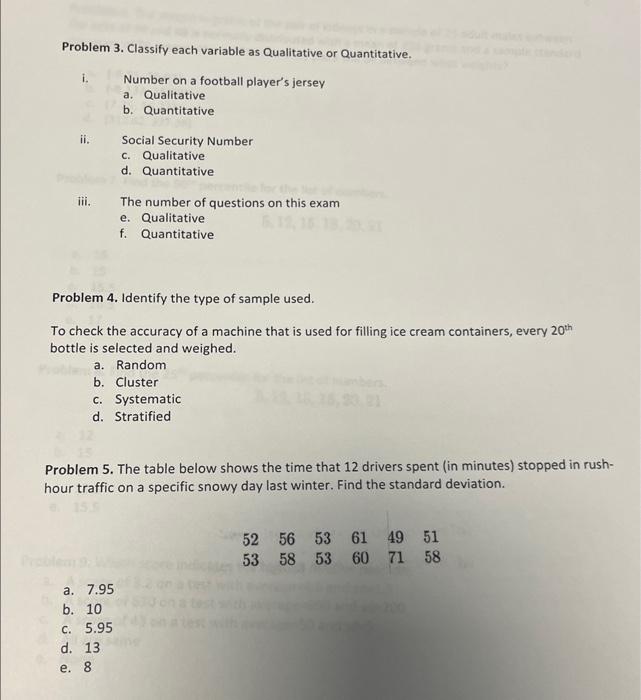 Solved Problem 3. Classify each variable as Qualitative or | Chegg.com