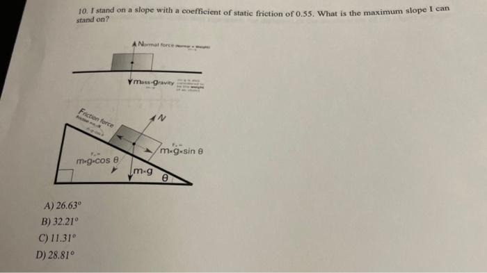 Solved 10. I stand on a slope with a coefficient of static | Chegg.com