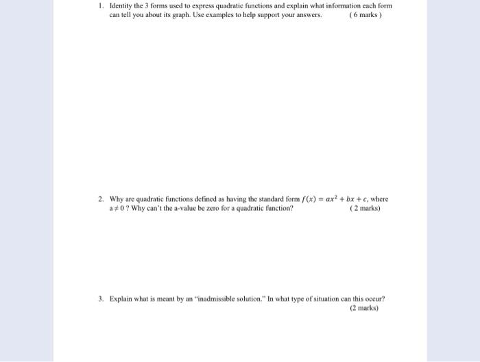 Solved 1. Identity the 3 forms used to express quadratic | Chegg.com
