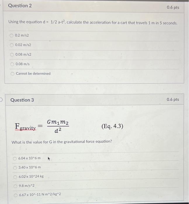 Solved Using the equation d=1/2a⋅t2, calculate the | Chegg.com