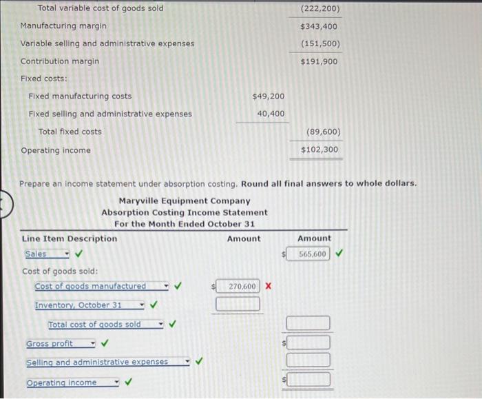 Solved Absorption Costing Income Statement On October 31, | Chegg.com