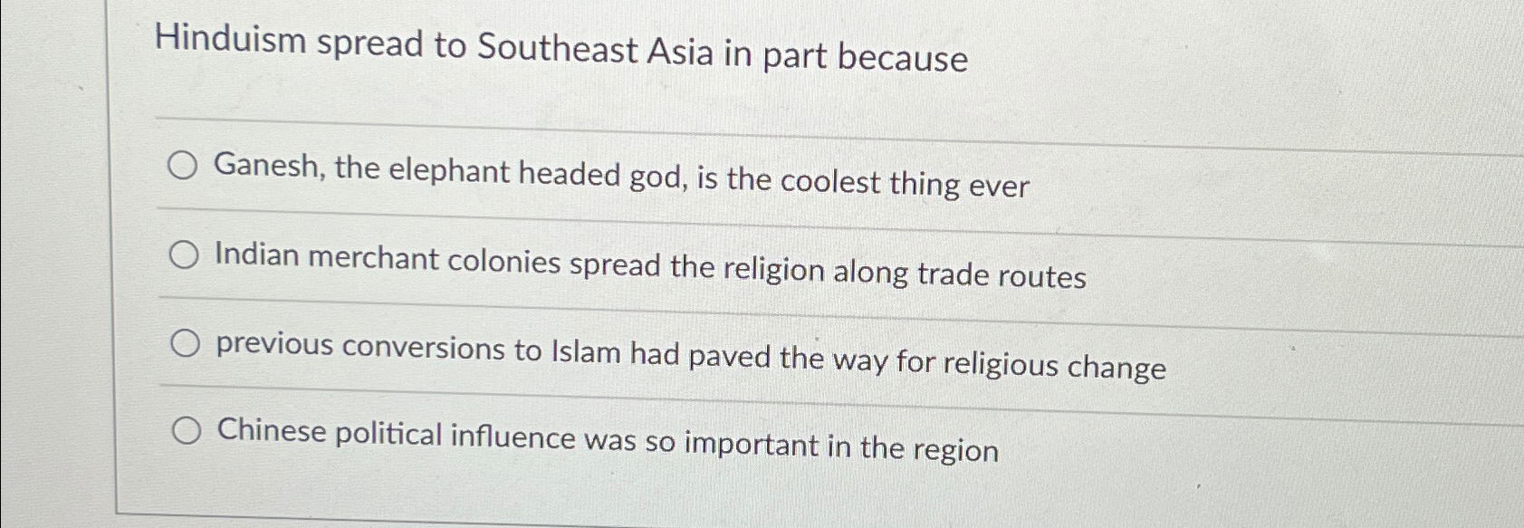 Solved Hinduism spread to Southeast Asia in part | Chegg.com