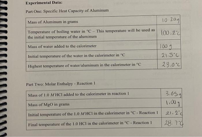calculations/ result1. part one: specific heat | Chegg.com